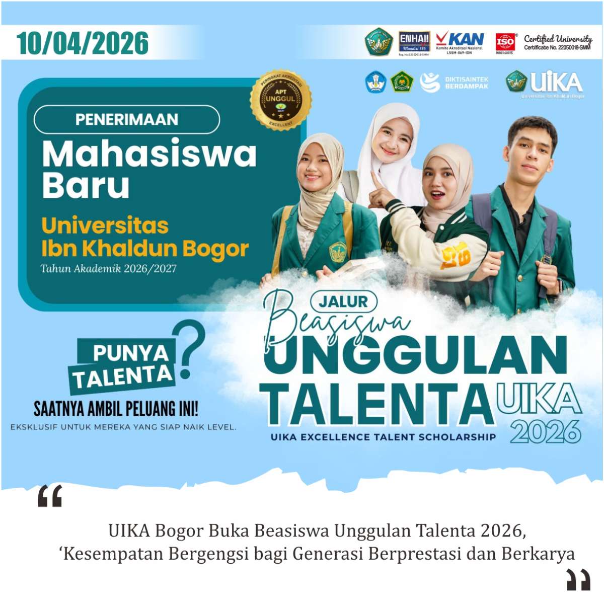 UIKA Bogor Buka Beasiswa Unggulan Talenta 2026, Kesempatan Bergengsi ...